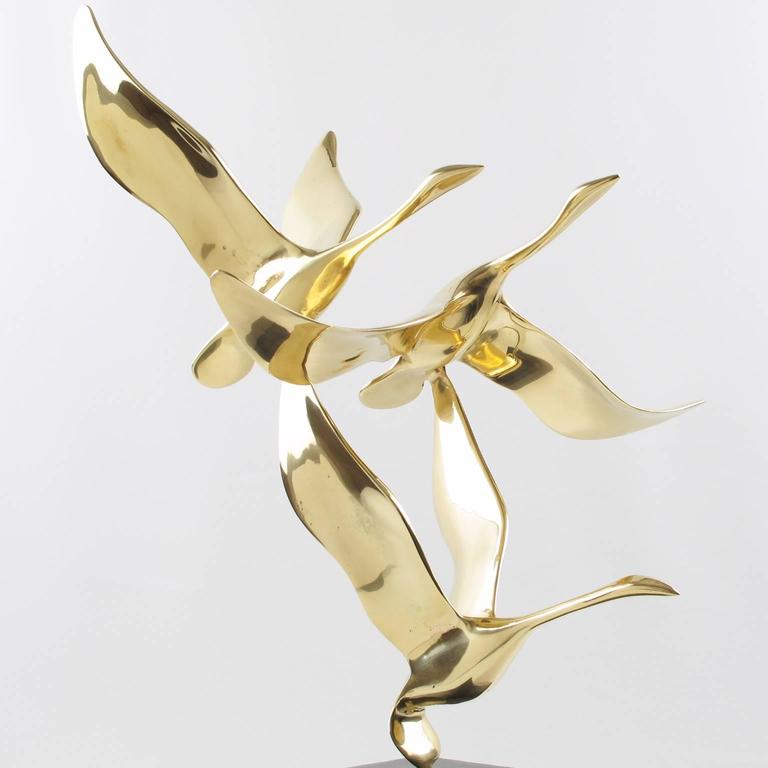 Mid-Century Modernist French Brass and Bronze Flying Birds Sculpture ...