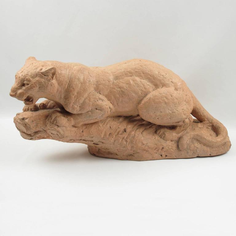 Art Deco Figural Terracotta Sculpture of Lioness by Henri Bargas, circa ...