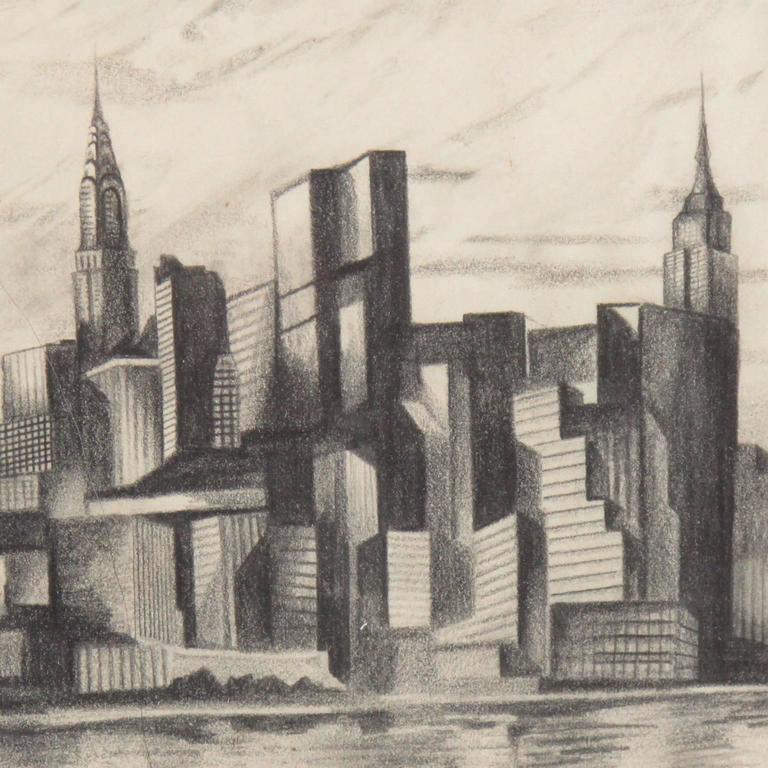 Cubist New York Cityscape Charcoal Drawing at 1stDibs