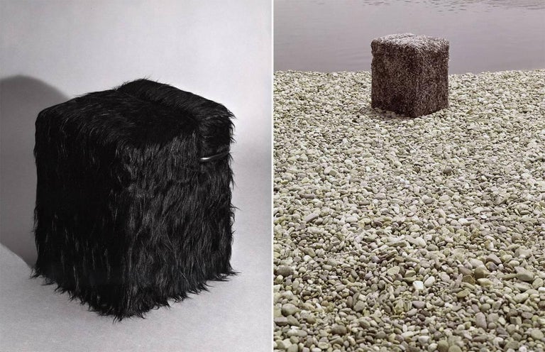 "Blocco" Black Mongolian Fur or Velvet Pouf Designed by Nanda Vigo for ...