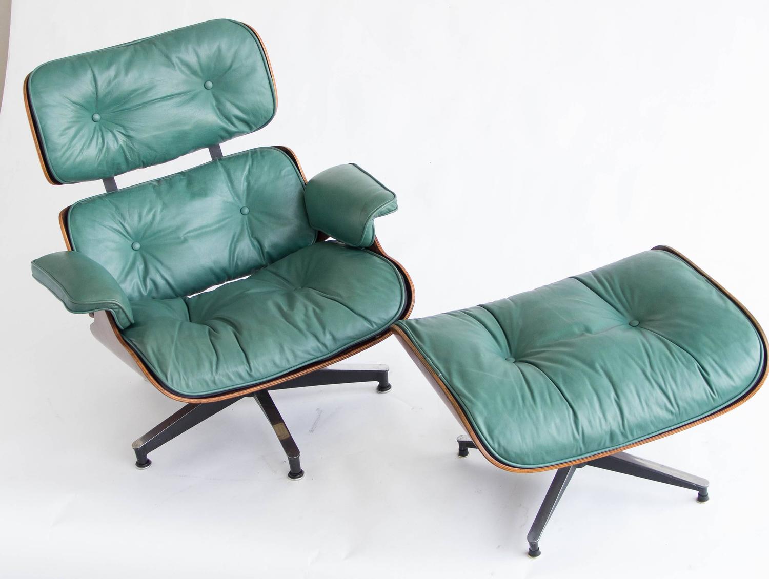 Early Special Order Green Leather Rosewood Eames Lounge Chair and ...