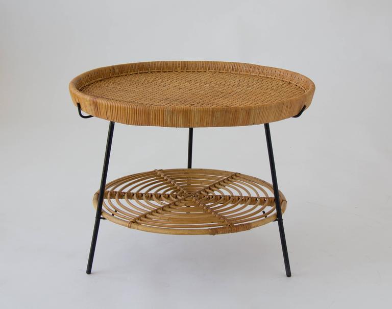 Rattan Two-Tier Tray Table with Wrought Iron Legs at 1stDibs