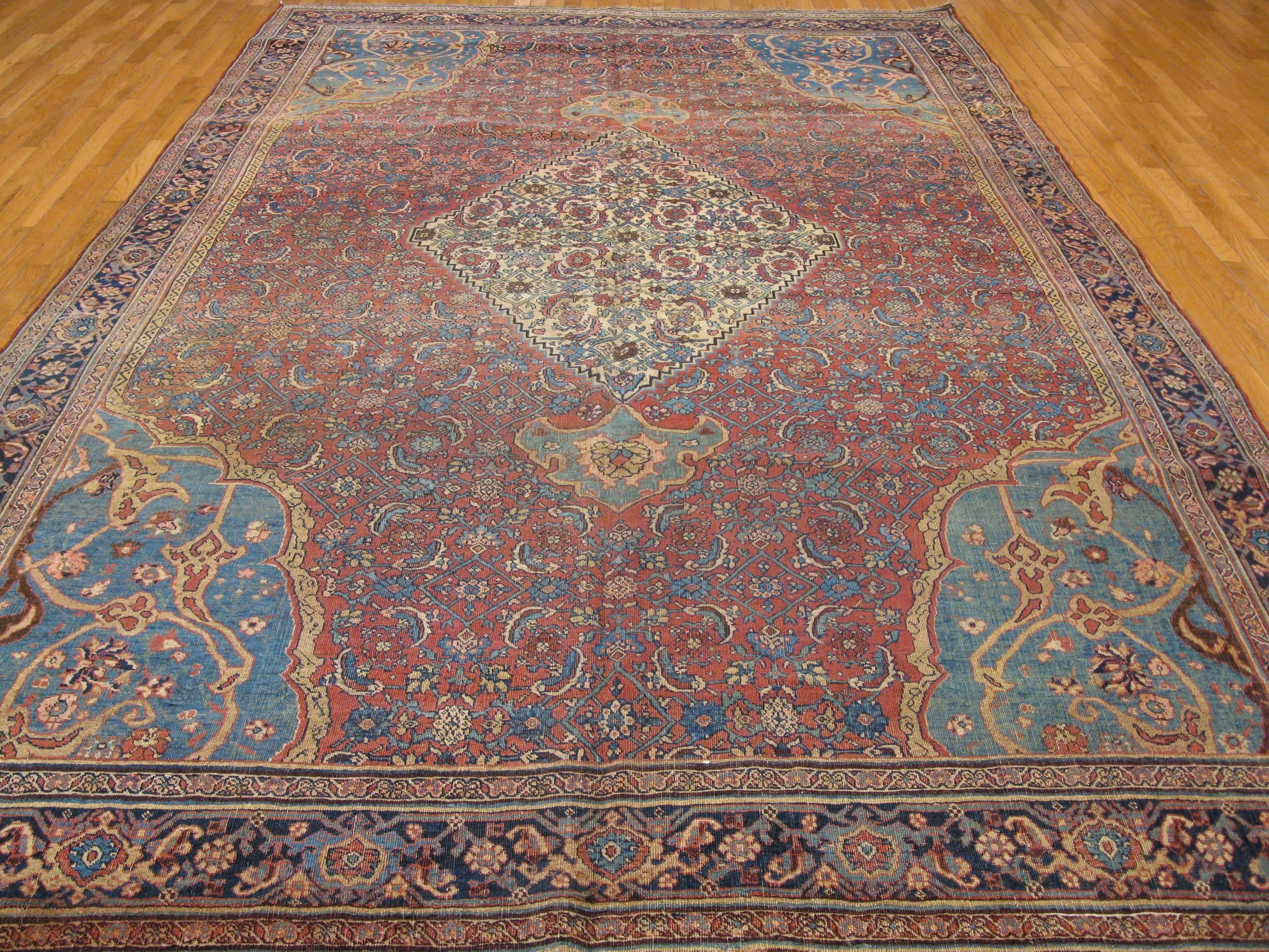 Late 19th Century Antique Hand Knotted Wool Blue and Red Persian Bidjar ...