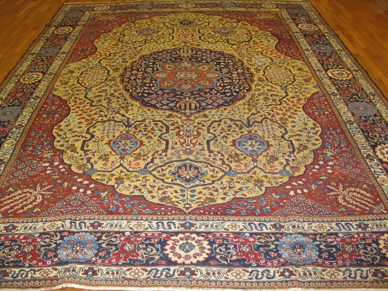 Antique Hand Knotte Room Size Wool Gold Red Navy Persian Tabriz Rug For ...