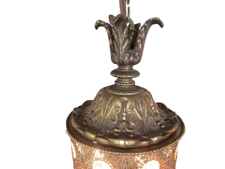 Brass Filigree Pendant Light with Iridescent Jewels at 1stDibs