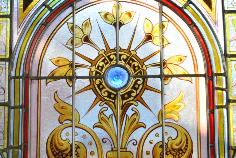 Victorian Two-Piece Painted Stained Leaded Glass Landing Window, circa ...