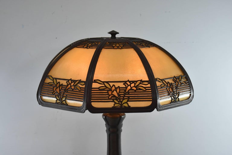 Arts and Crafts Bent Panel Glass Reverse Painted Table Lamp by Bradley ...