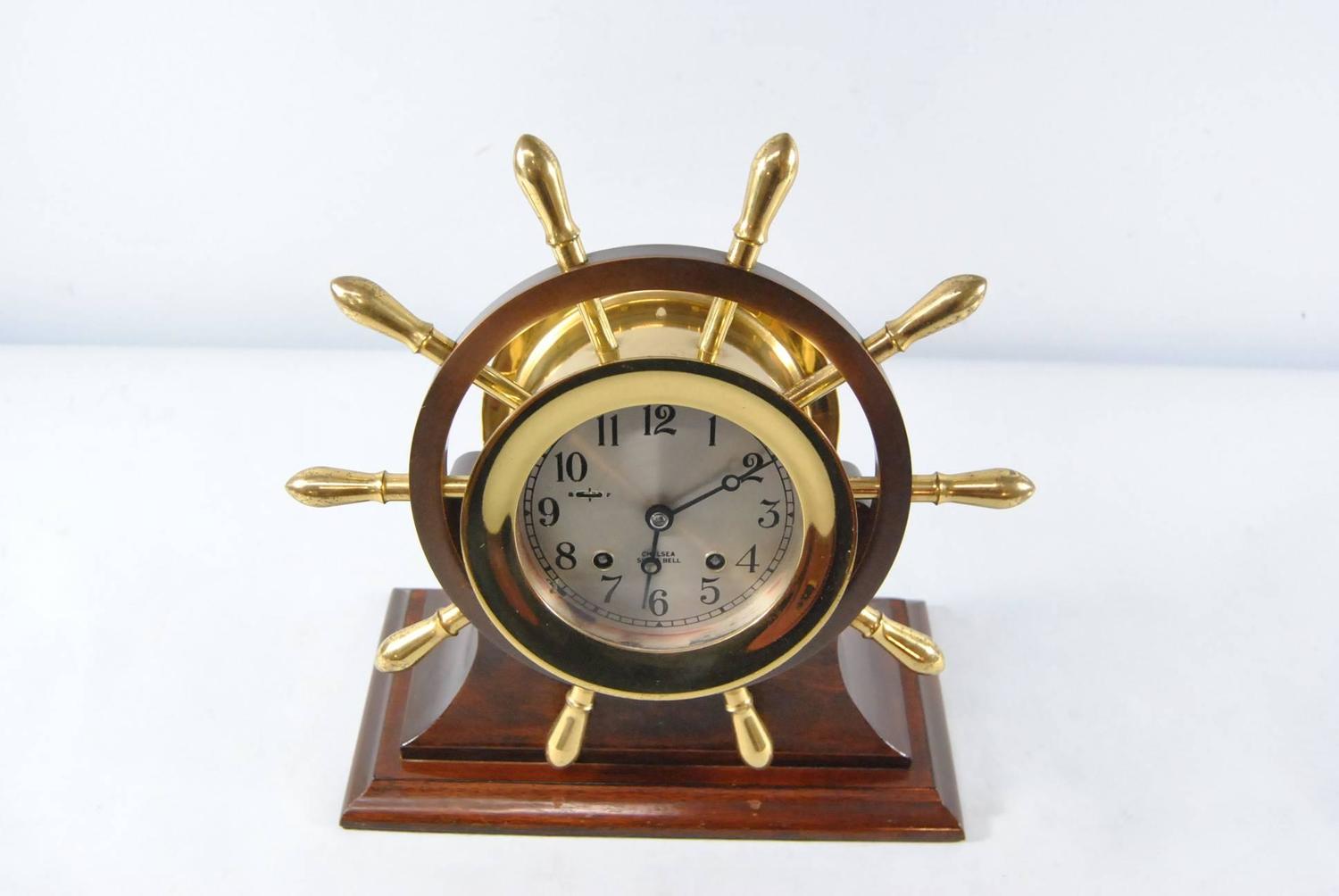 Chelsea Ship's Bell Yacht Wheel, Pilot Model Clock with Stand at 1stdibs