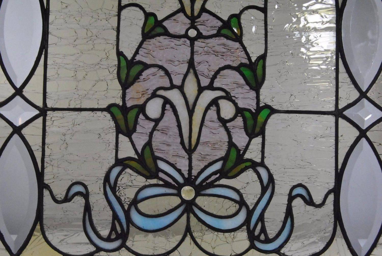 Antique Stained and Beveled Cut Window with Jewels and Tulip Design For ...