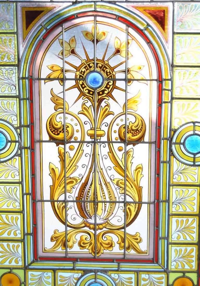 Victorian Two-Piece Painted Stained Leaded Glass Landing Window, circa ...