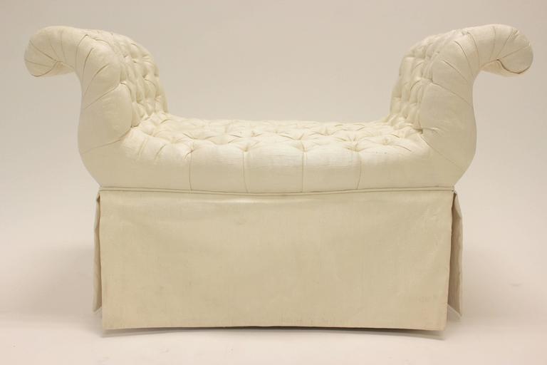 Pair of Cream-Colored Silk Button-Tufted Rolled Arm Benches with Ample ...
