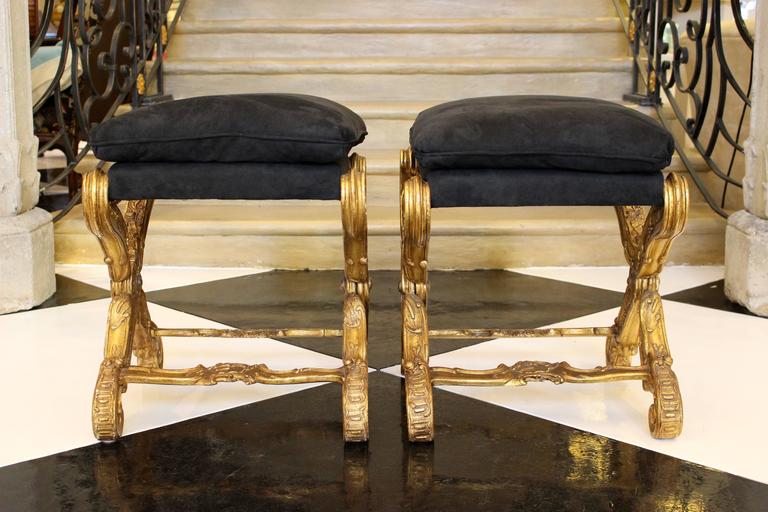 Contemporary Pair of Louis XV Style Giltwood X-Shaped Upholstered ...