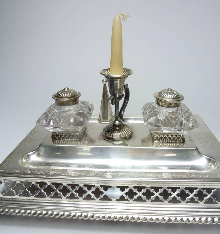 English Victorian Sheffield Silver Plate Inkstand For Sale at 1stDibs