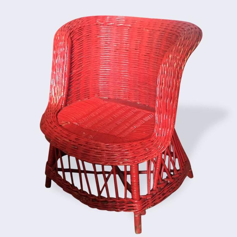 Pair of Red Wicker 1950s Armchairs or Deck Chairs For Sale at 1stDibs