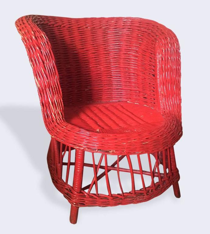 Pair of Red Wicker 1950s Armchairs or Deck Chairs For Sale at 1stDibs