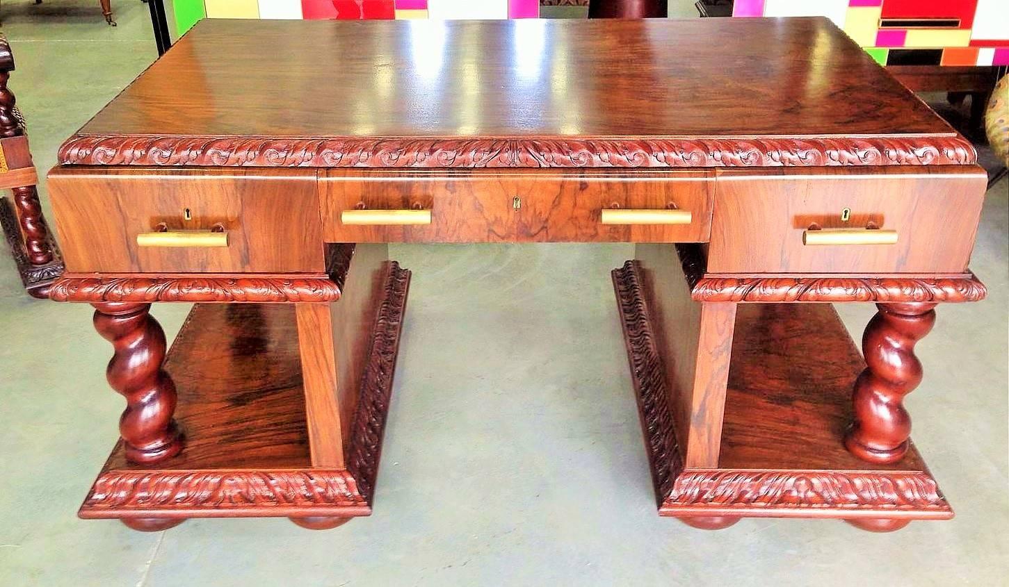 Important Art Deco Desk Table in Walnut with Black Glass Top For Sale ...