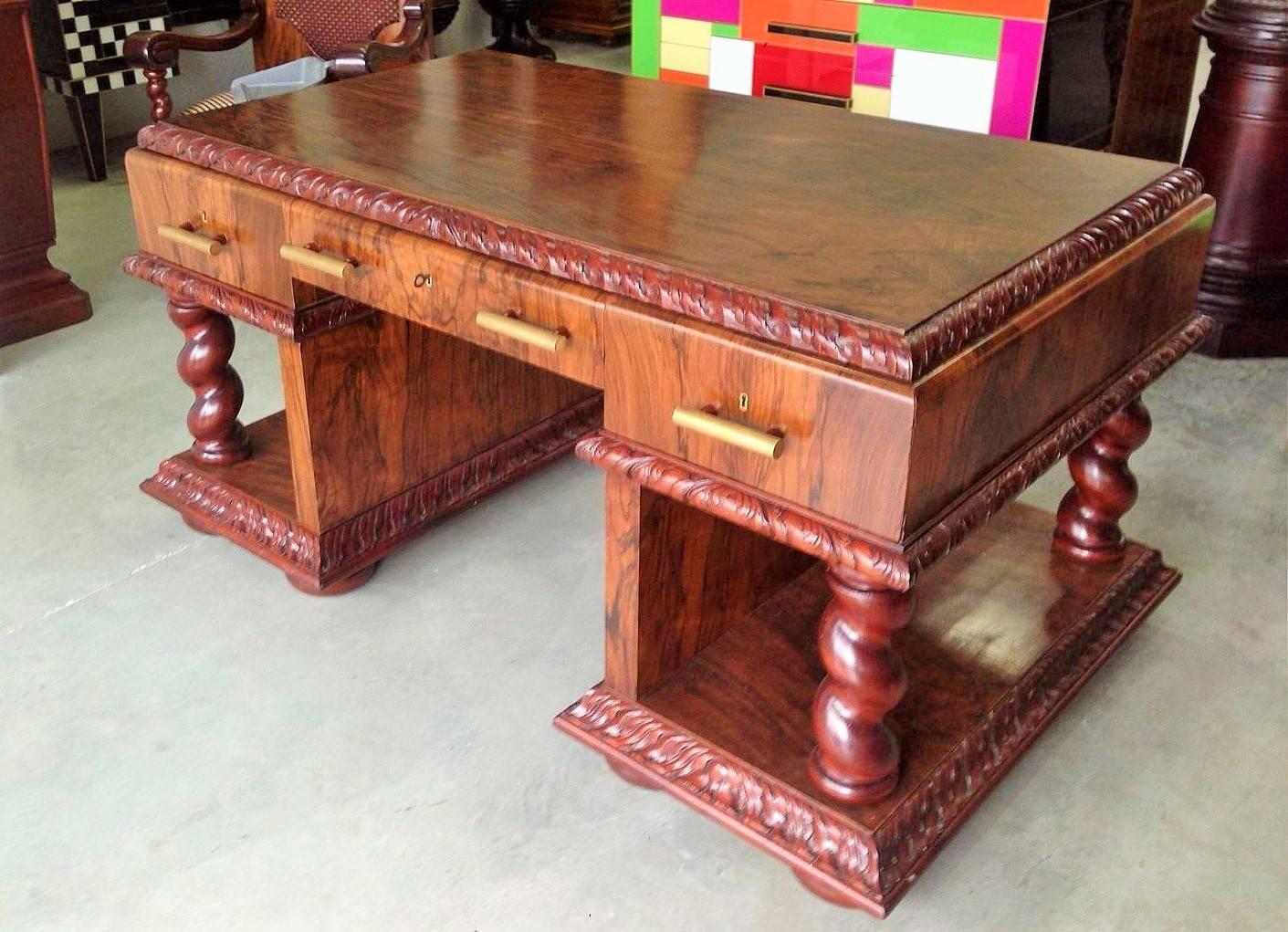 Important Art Deco Desk Table in Walnut with Black Glass Top For Sale ...