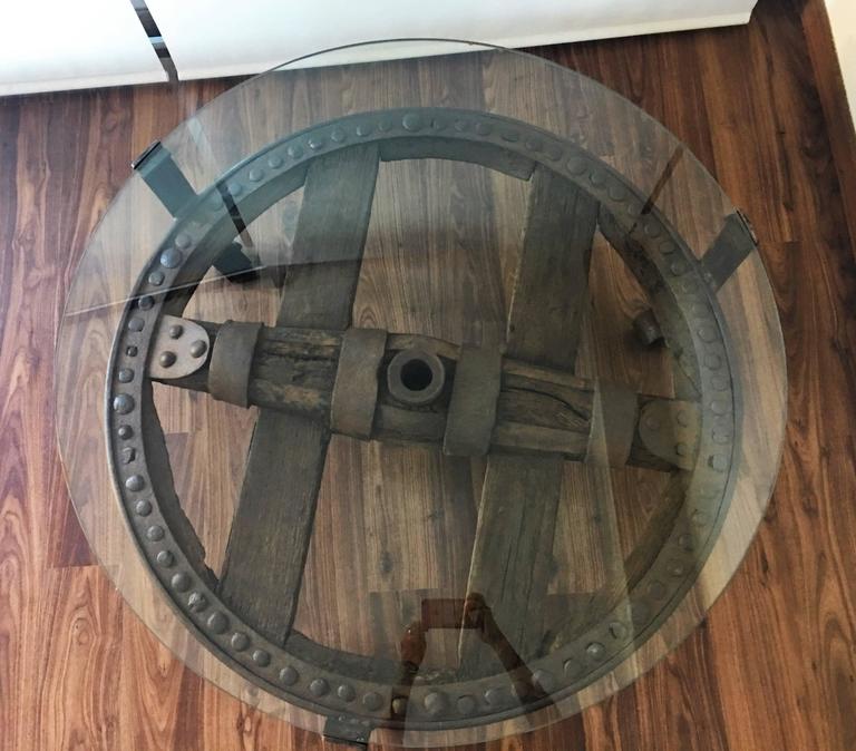 Wooden Wagon Wheel Indutrial Accent Spanish Table with Glass Top For ...