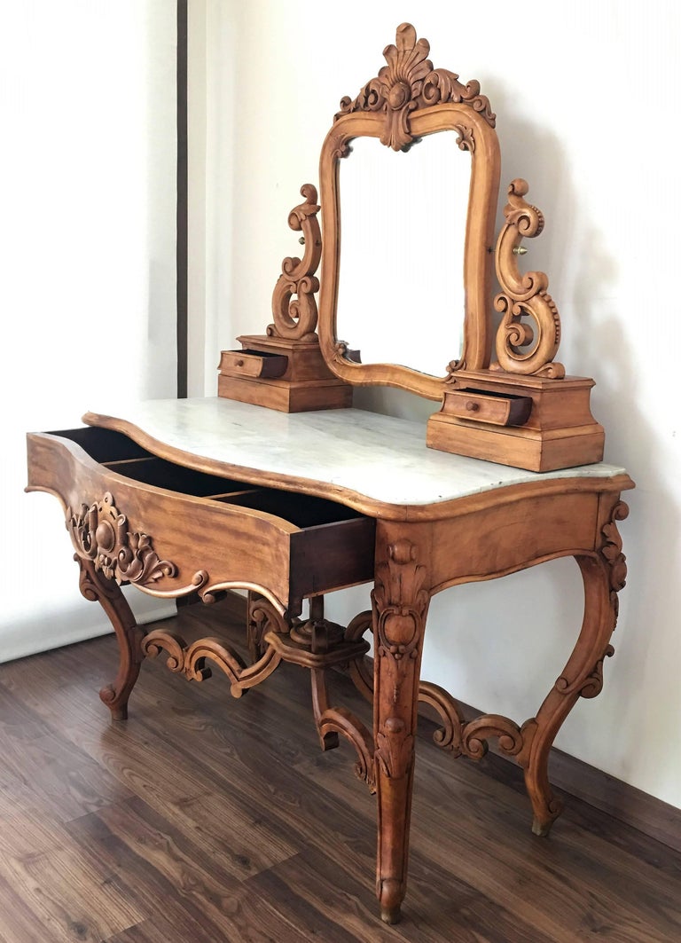 Carved Victorian Mahogany Vanity or Dresser Table with Attached Mirror ...