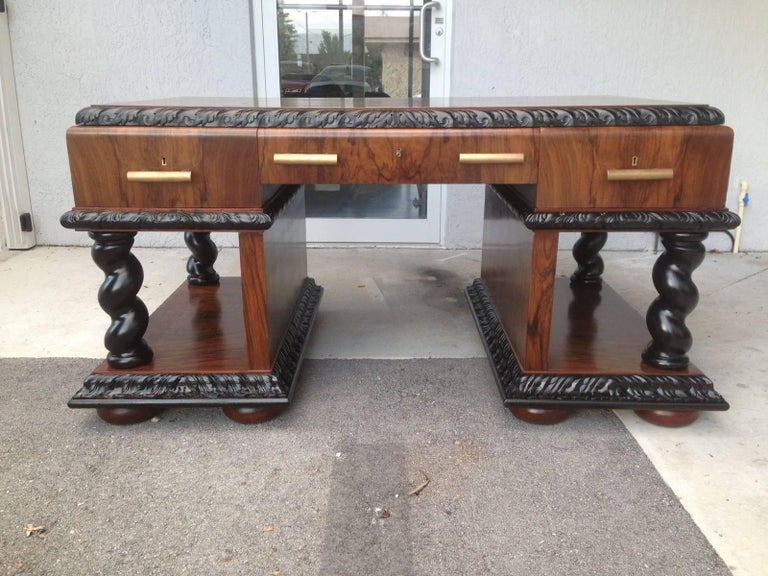 Important Art Deco Desk Table in Walnut with Black Glass Top at 1stDibs