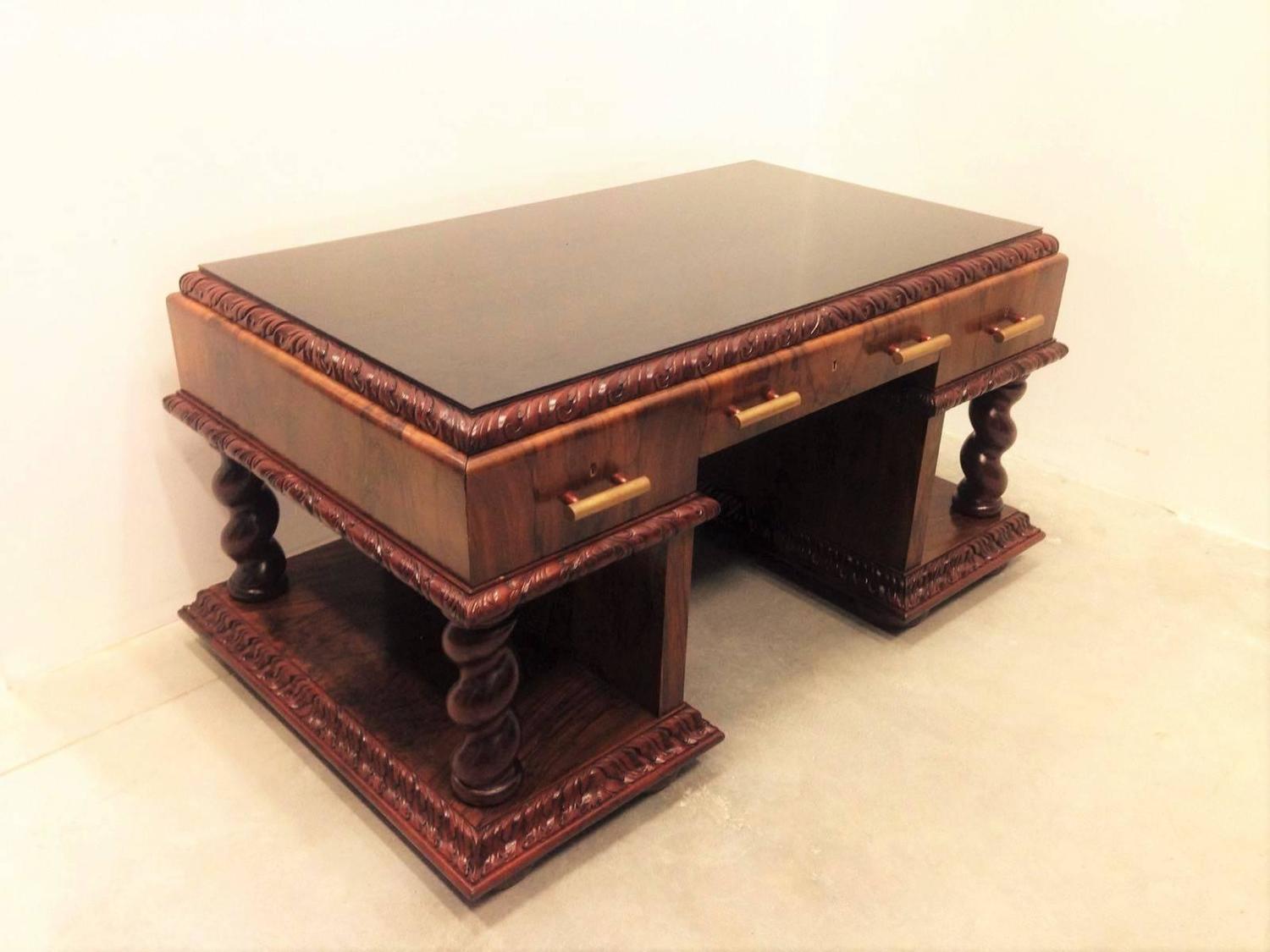Important Art Deco Desk Table in Walnut with Black Glass Top For Sale ...