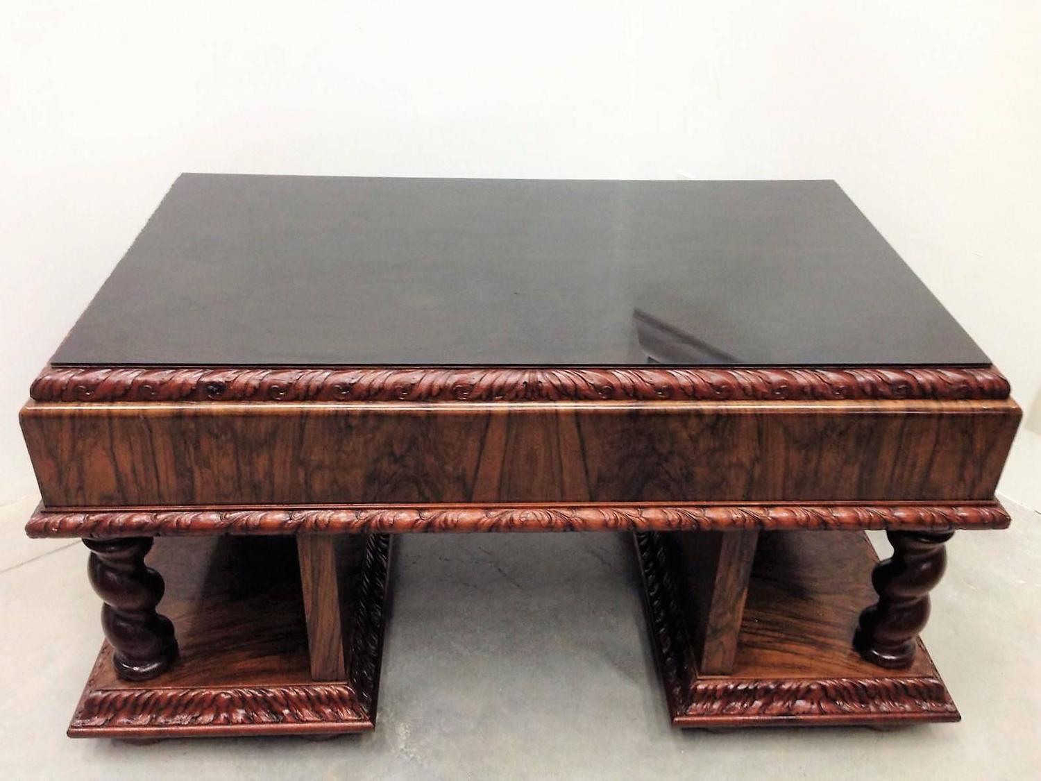 Important Art Deco Desk Table in Walnut with Black Glass Top For Sale ...