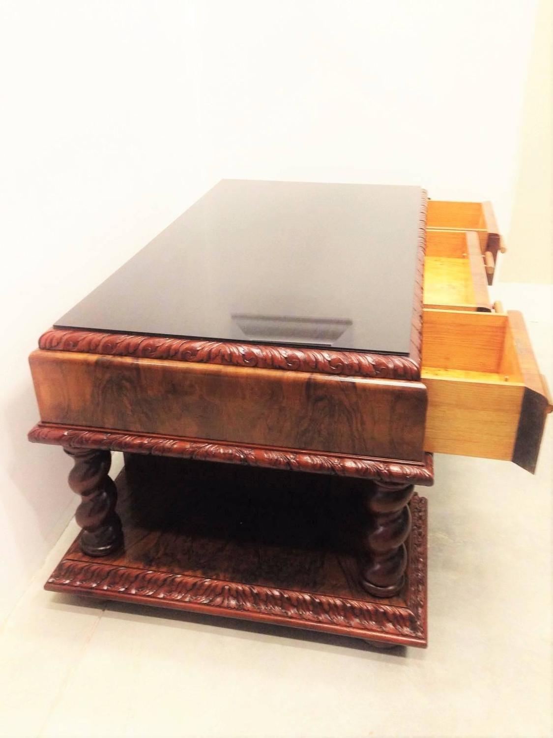 Important Art Deco Desk Table in Walnut with Black Glass Top For Sale ...