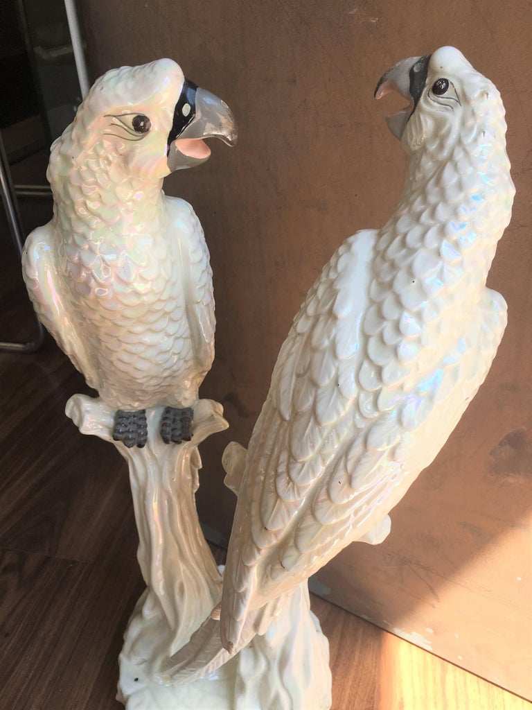 Mid-Century Pair of Italian Parrots with a White Iridescent Glaze at ...