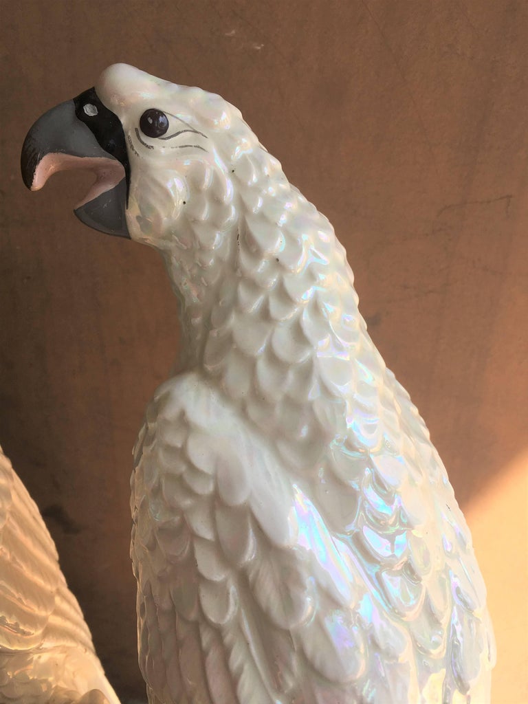Mid-Century Pair of Italian Parrots with a White Iridescent Glaze at ...