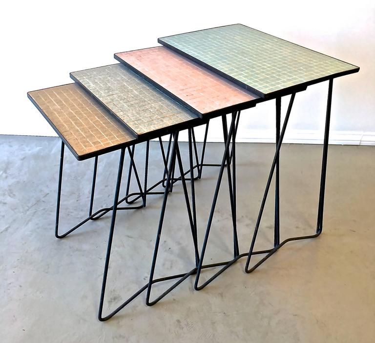 Mid-Century Modern Wrought Iron and Mosaic Tile Nesting Tables at 1stDibs
