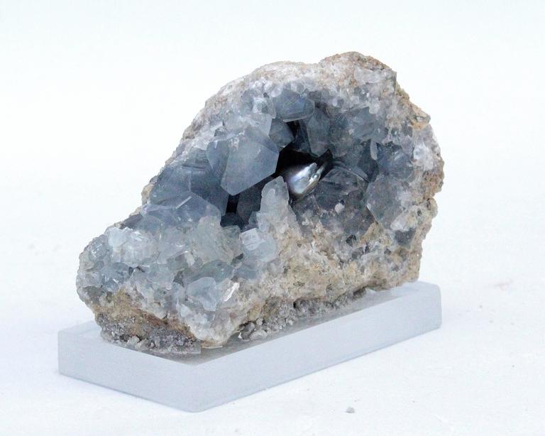 Celestine Geode with Pearl on Lucite Base For Sale at 1stDibs