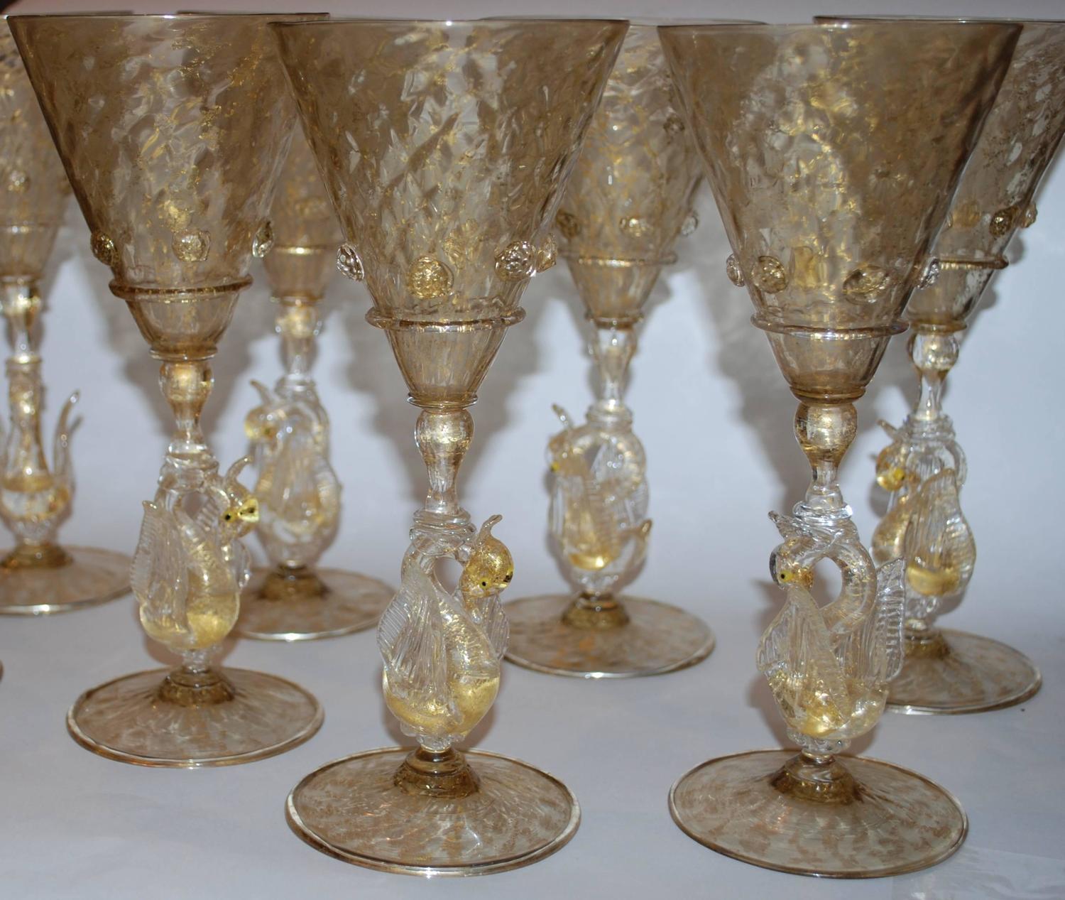 Set Of Eight Venetian Glass Goblets Wine Water Swan Stem Vintage Stemware For Sale At 1stdibs