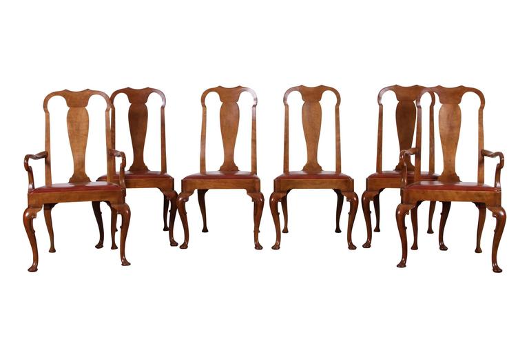 Set of Six Walnut Queen Anne Style Dining Chairs by Baker at 1stDibs
