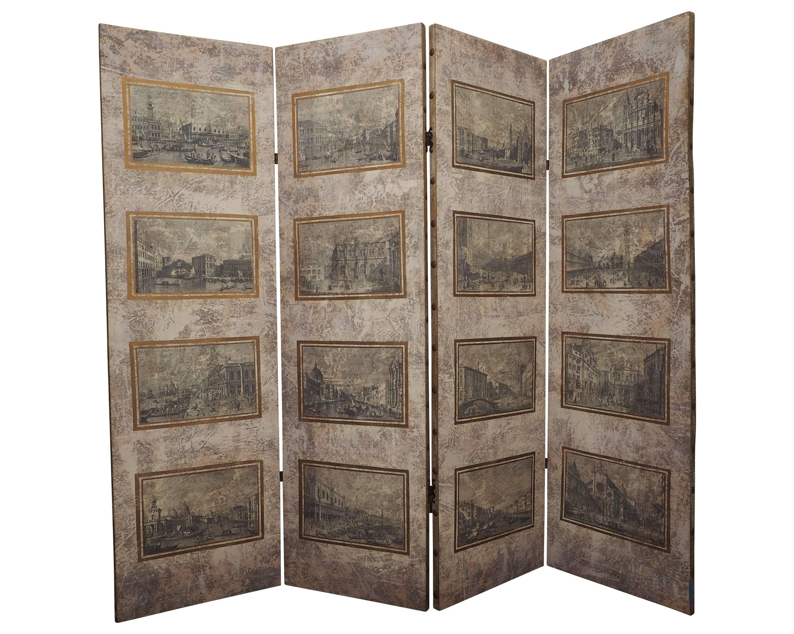 Beautiful Four-Panel Fabric Screen with Venetian Engraving Scenes For ...