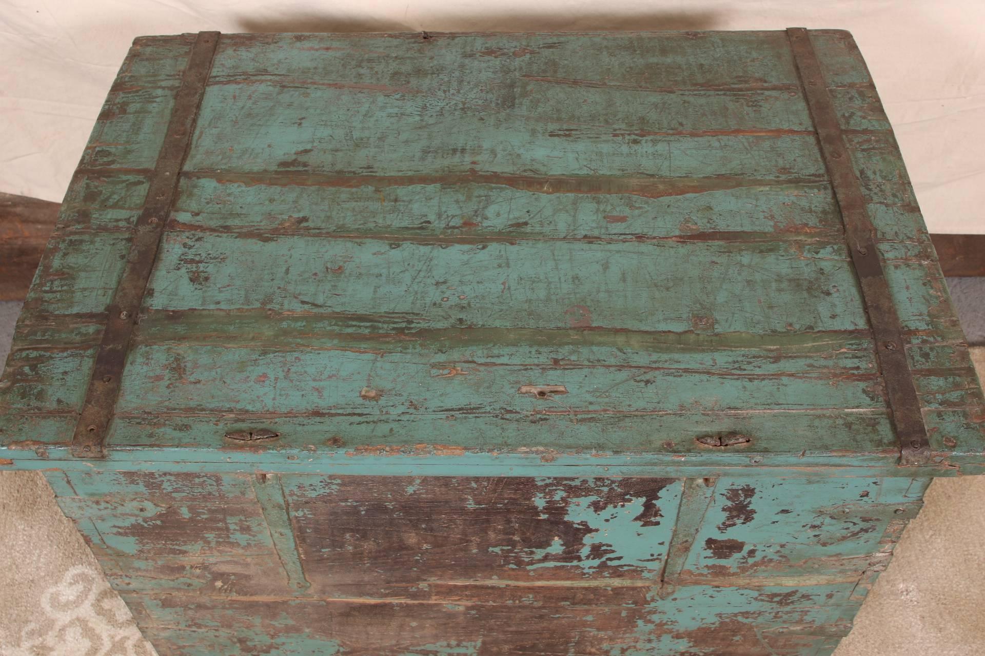 Antique Blue Painted Wood Trunk at 1stDibs