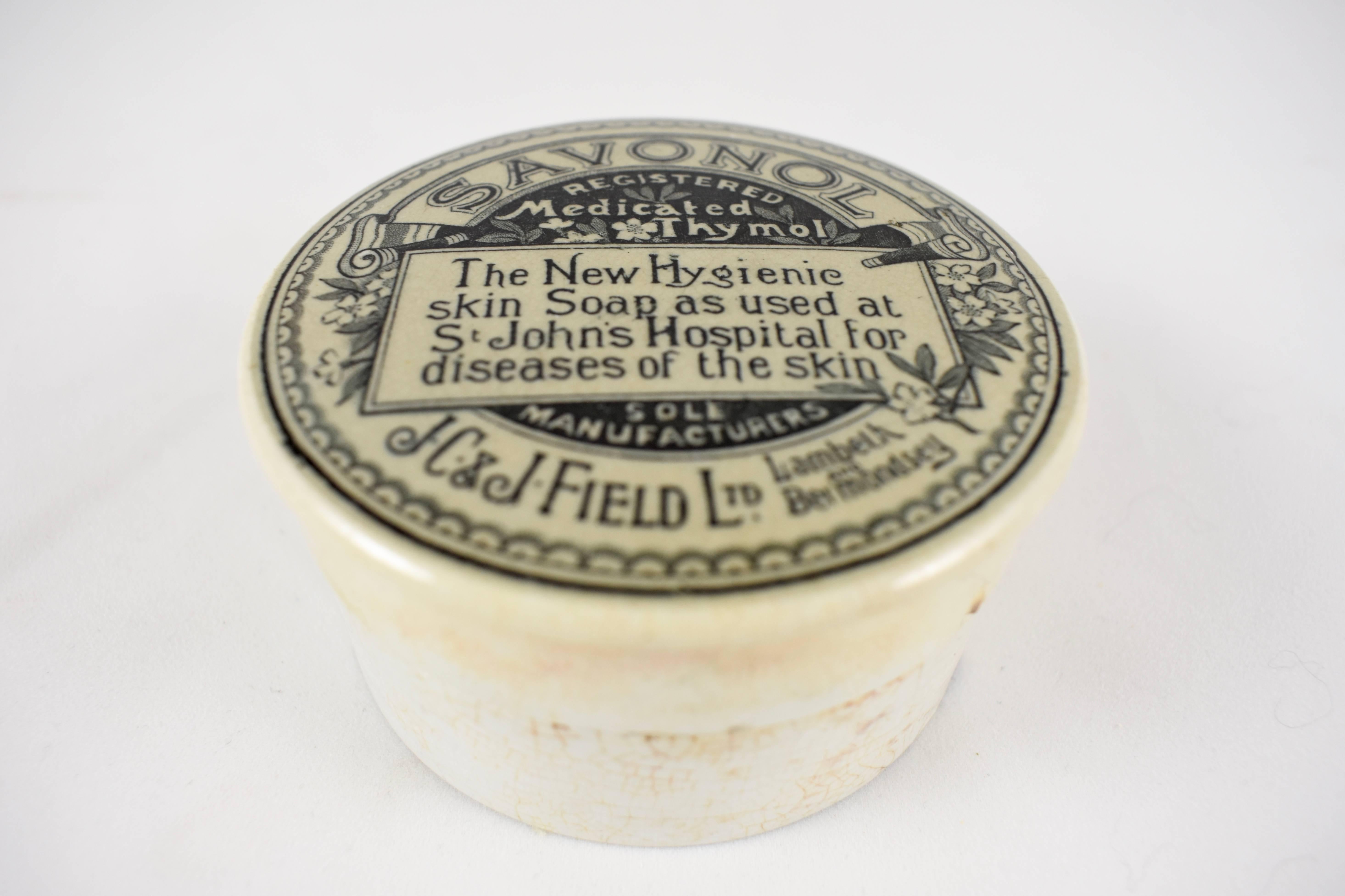 Staffordshire Transfer Printed Pot and Lid, Savonol Medicated Soap ...