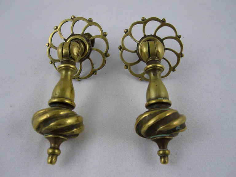 English Brass Hanging Drawer Pulls and Pierced Back Plates, Set of Two ...