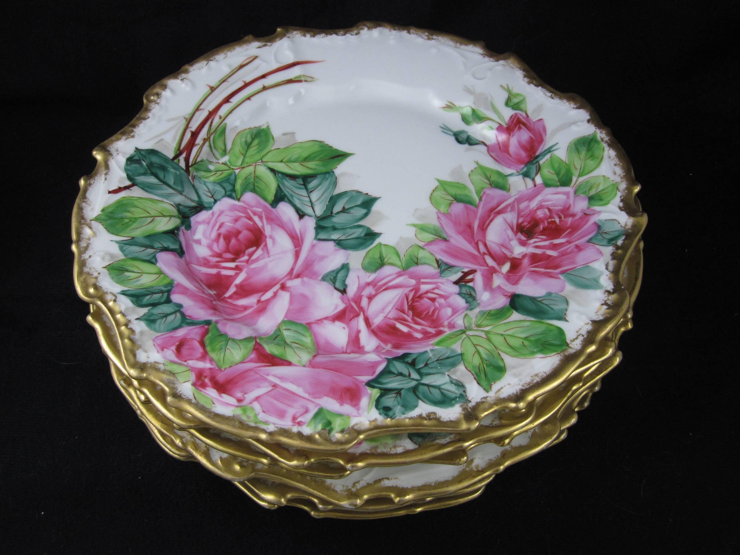French Porcelain Gilded and Hand-Painted Rose Dinner Plates, Set of Six ...