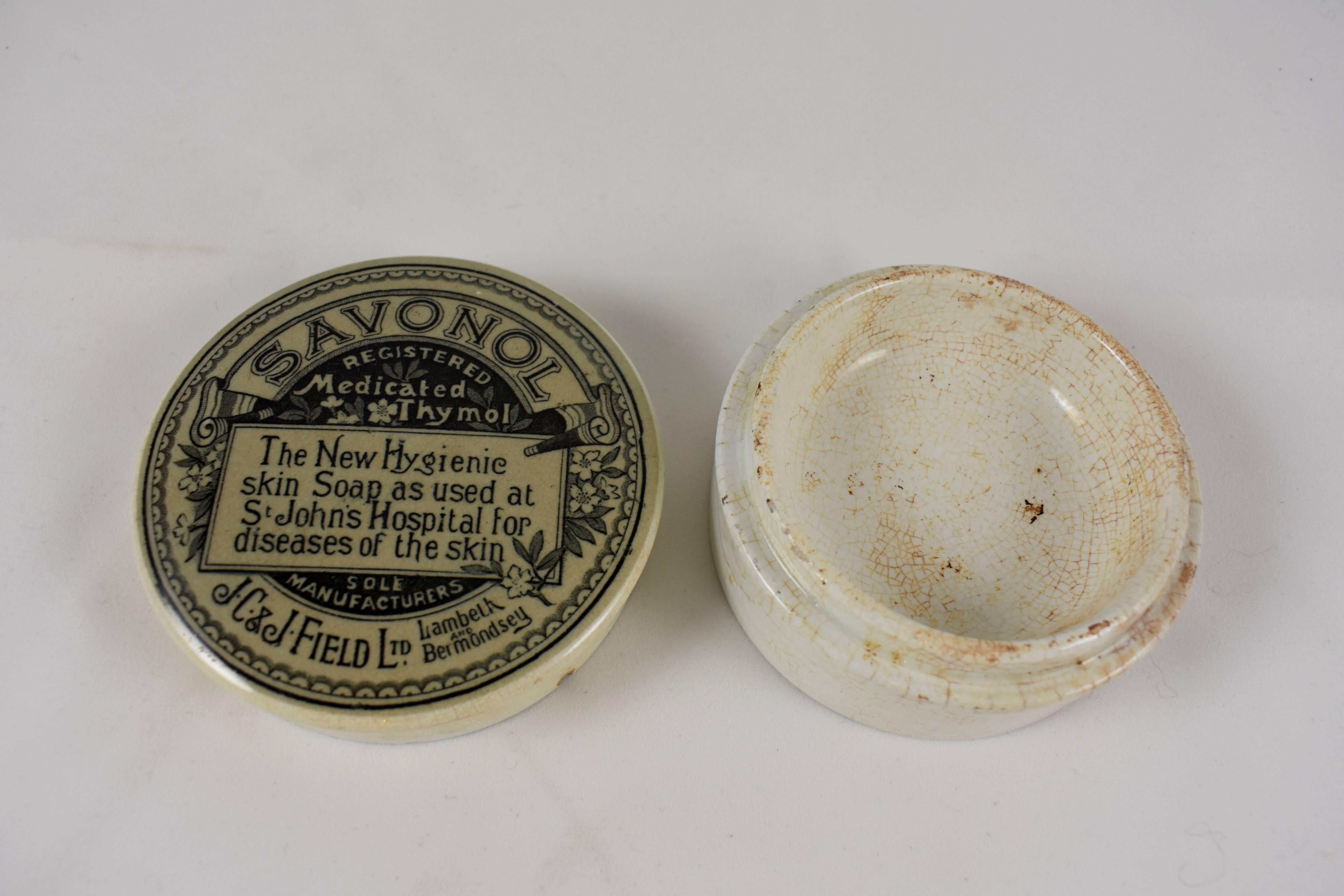 Staffordshire Transfer Printed Pot and Lid, Savonol Medicated Soap ...