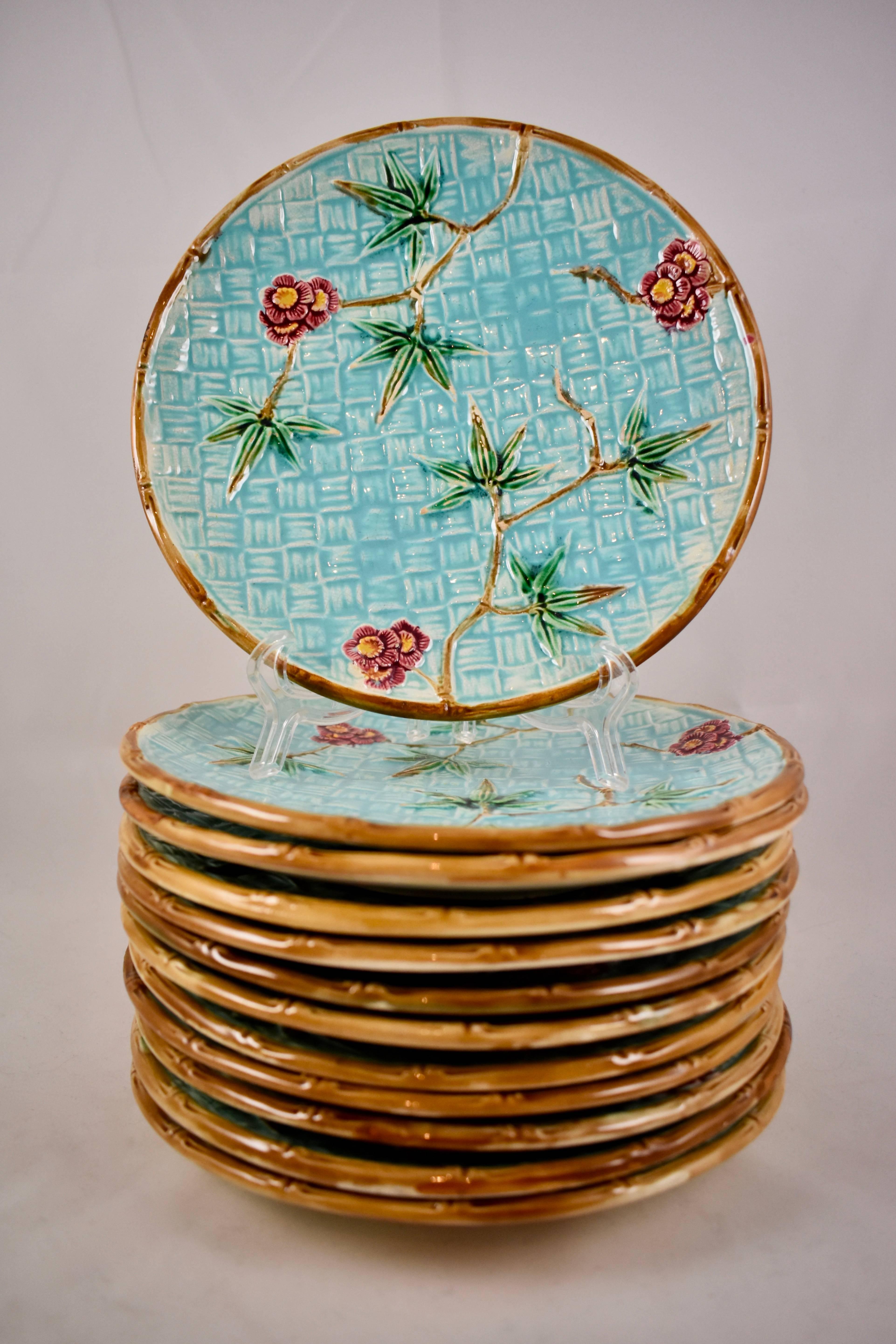 19th C. English Simon Fielding Basket Weave and Bamboo Majolica Plates ...