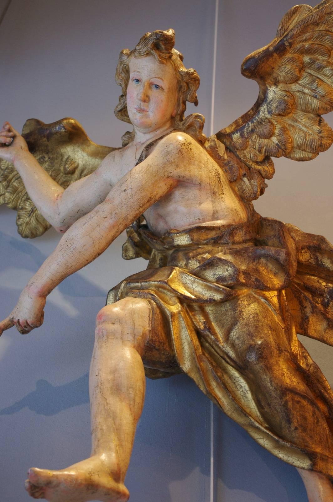 Pair of Polychrome Gilded Wood, Sculpted Baroque Angels, 17th Century, Moravia at 1stDibs