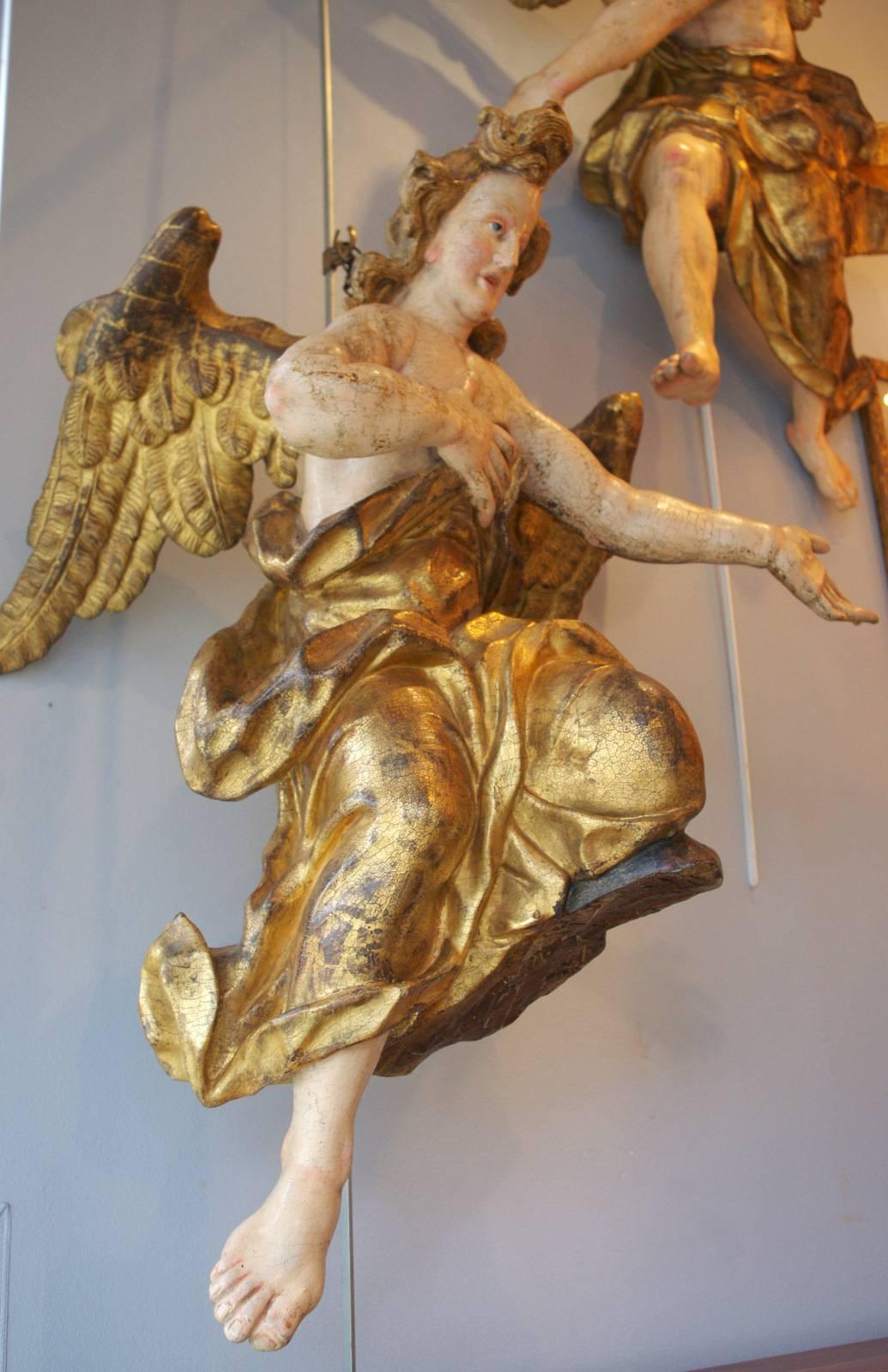 Pair of Polychrome Gilded Wood, Sculpted Baroque Angels, 17th Century ...