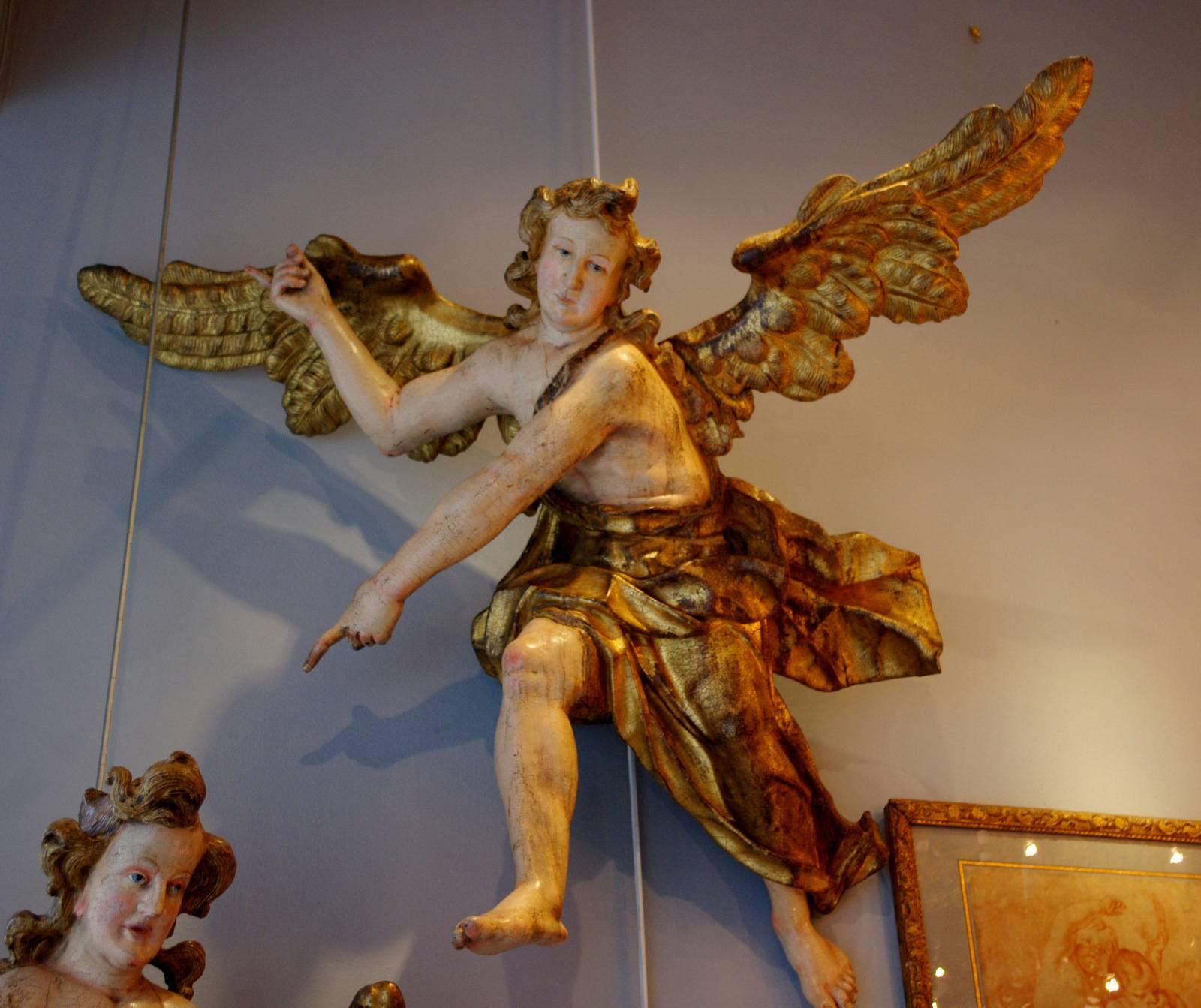 Pair of Polychrome Gilded Wood, Sculpted Baroque Angels, 17th Century ...