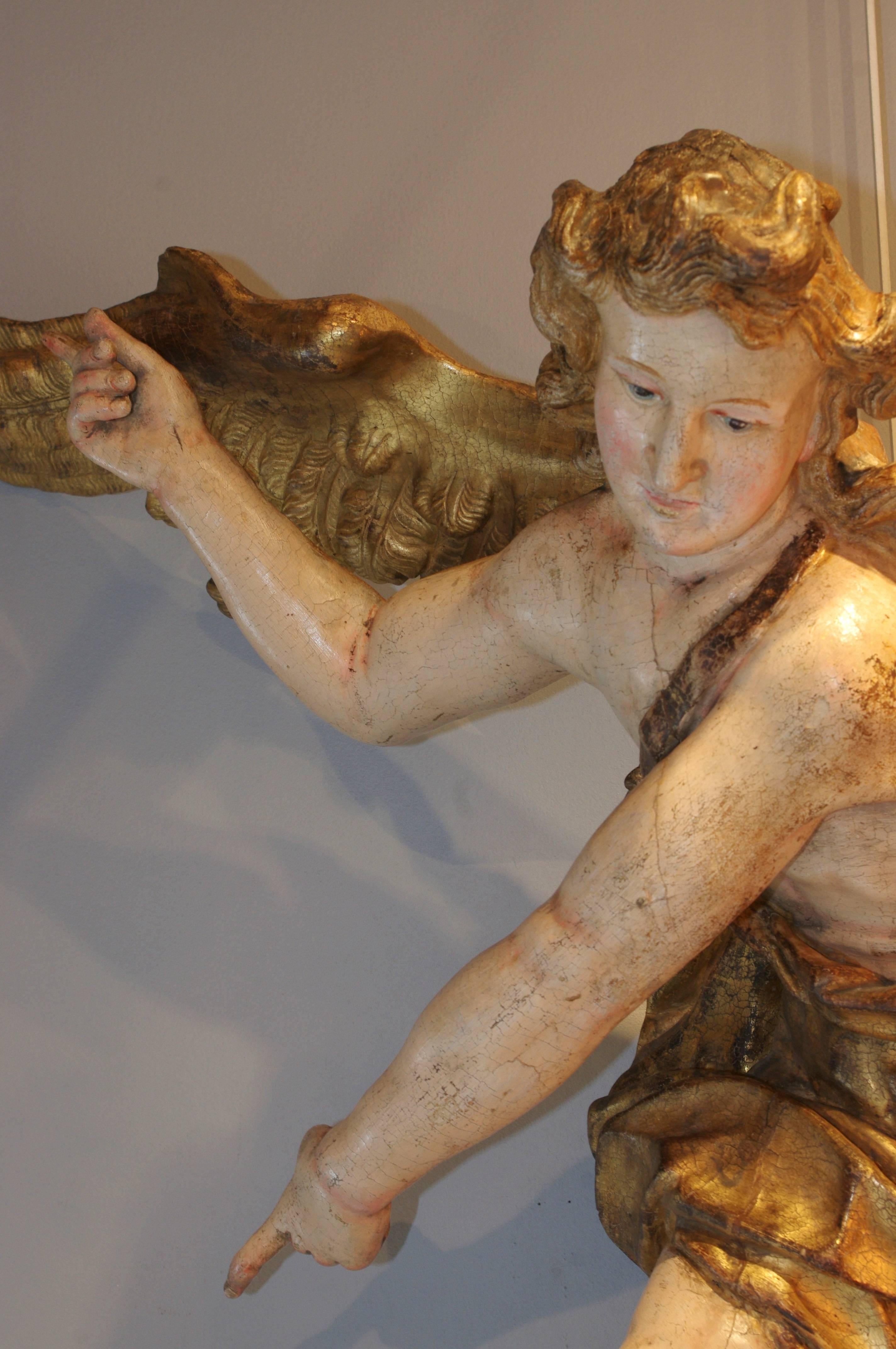 Pair of Polychrome Gilded Wood, Sculpted Baroque Angels, 17th Century ...