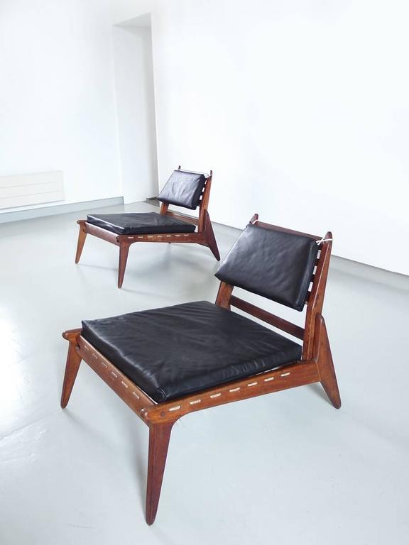 Sculptural Pair of Black Leather Hunting Chairs in Oak, Germany, 1950s ...
