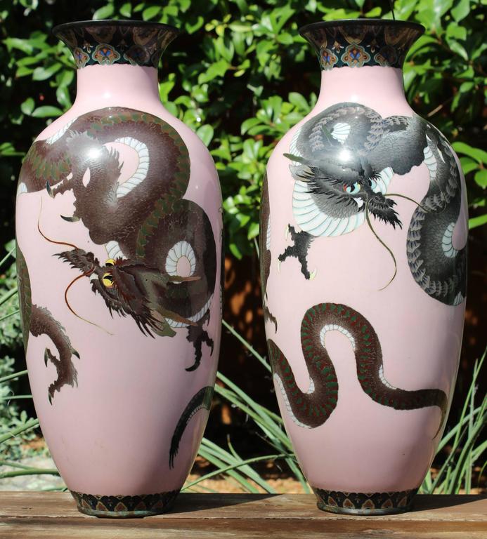 Pair of Large Meiji Japanese Cloisonné Dragon Vases For Sale at 1stdibs