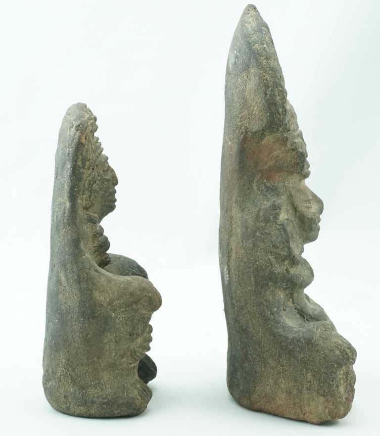 Two Pre Colombian Aztec Carved Volcanic Stone Figures with Headdress at ...
