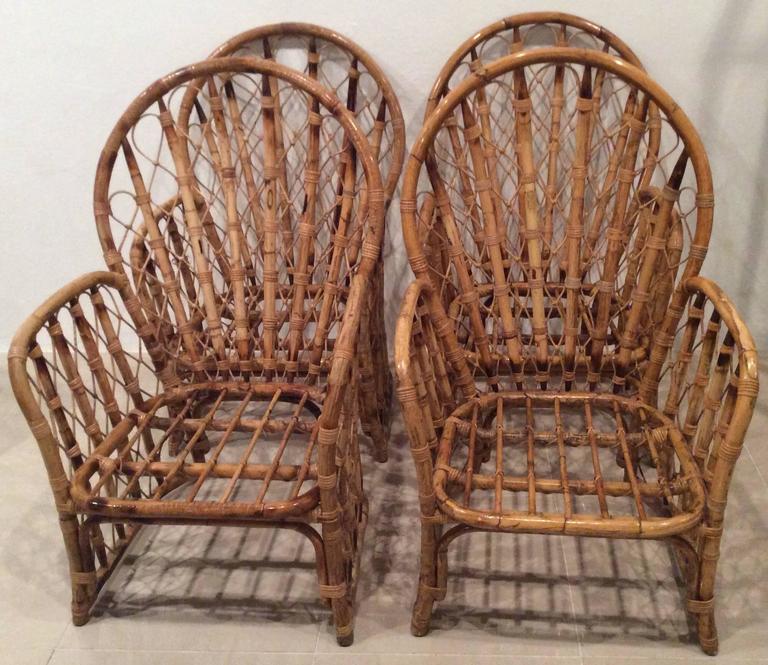 Rattan Wicker Arm Dining Chairs Vintage Set of 4 Faux Bamboo Palm Beach ...