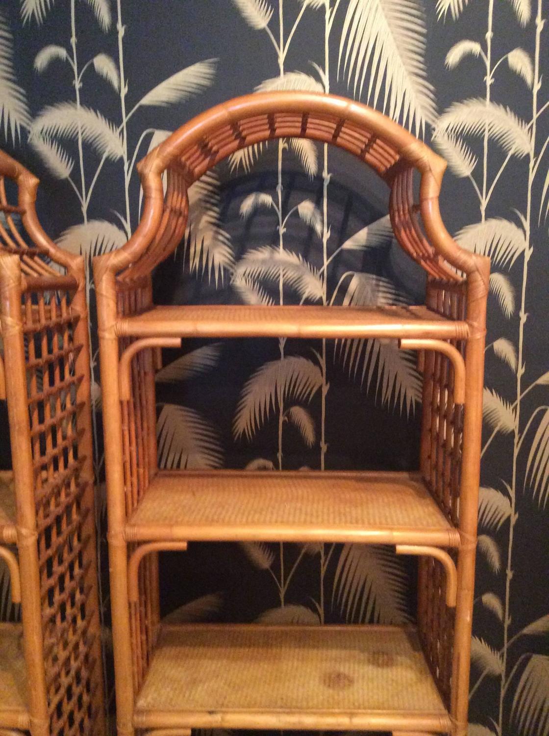 Pair Rattan Pagoda Etageres Wicker Bamboo Shelves Tropical Palm Beach ...