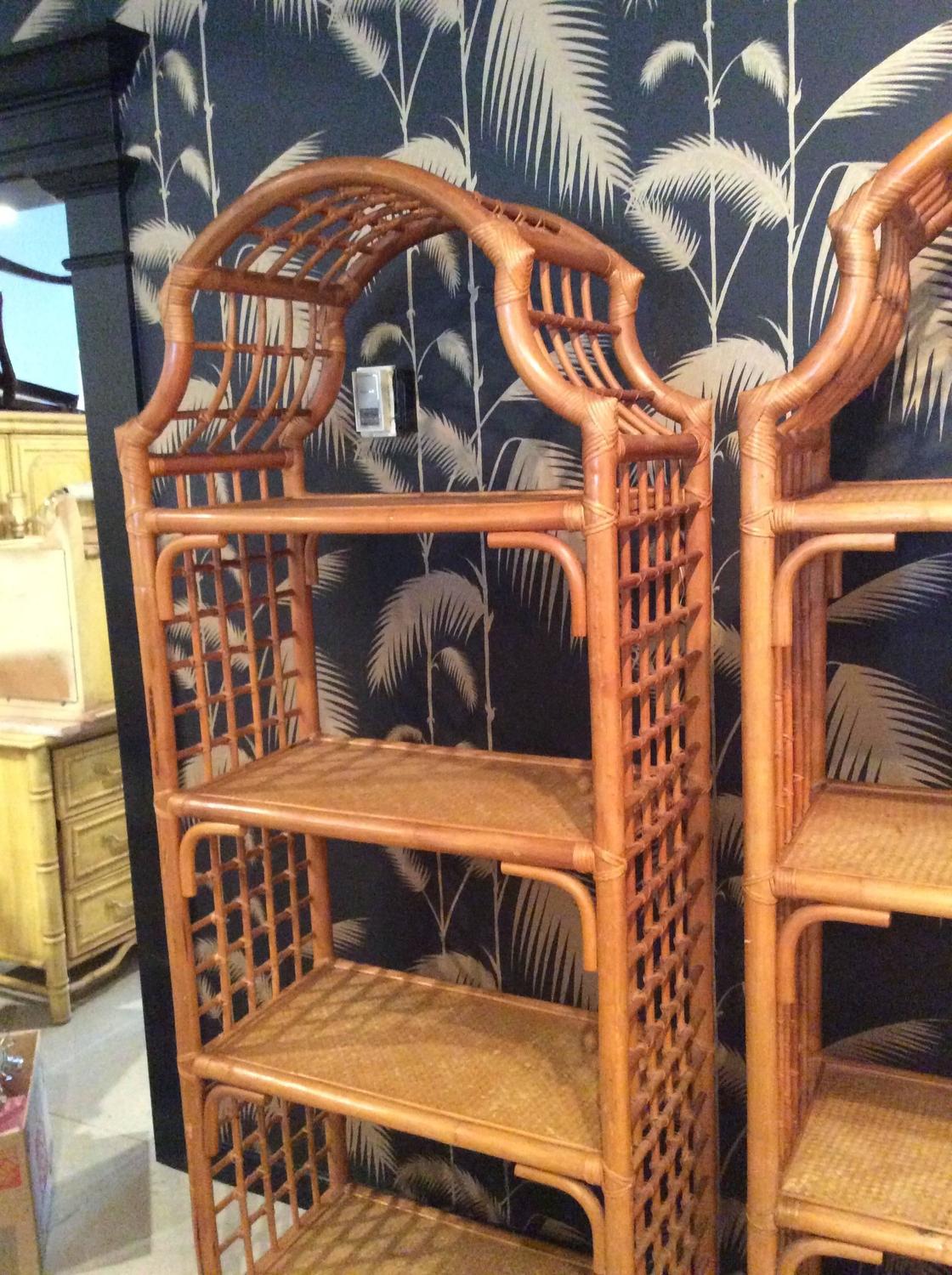 Pair Rattan Pagoda Etageres Wicker Bamboo Shelves Tropical Palm Beach ...